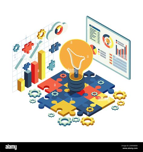 Isometric Lightbulb And Assembled Puzzle Pieces Symbolizing Creative
