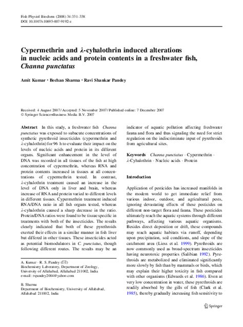Pdf Cypermethrin And λ Cyhalothrin Induced Alterations In Nucleic