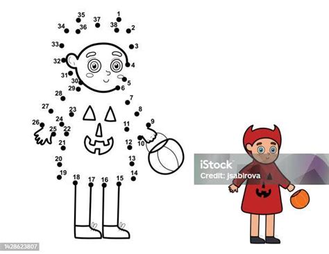 아이들을위한 도트 게임에 점 점을 연결하고 악마 의상으로 귀여운 아이를 그립니다 가리키기에 대한 스톡 벡터 아트 및 기타 이미지