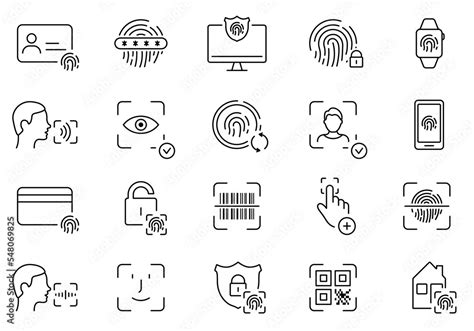 Biometric Identification Line Icon Set Face Id Touch Id Linear Pictogram Fingerprint Facial