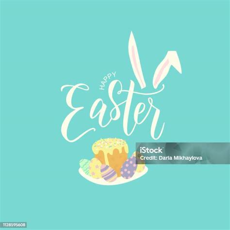 행복 한 부활절 토끼 귀와 레터링 손입니다 부활 일요일 엽서 카드 초대장 포스터 배너 서식 파일 메뉴판에 대한 스톡 벡터 아트 및 기타 이미지 Istock