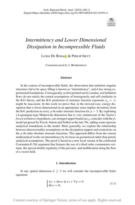 Pdf Intermittency And Lower Dimensional Dissipation In Incompressible