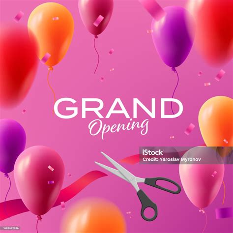 가위로 잘라낸 빨간 리본이 달린 색종이가 있는 풍선의 3d 그림이 있는 그랜드 오프닝 배너 핑크 색상의 배너 프로모션 구성 풍선에 대한 스톡 벡터 아트 및 기타 이미지