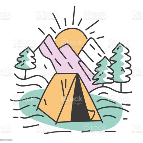 캠프 숲 텐트 자연 야외 캠프파이어 개념 벡터 만화 그래픽 디자인 요소 그림 드로잉에 대한 스톡 벡터 아트 및 기타 이미지 드로잉 텐트 강 Istock