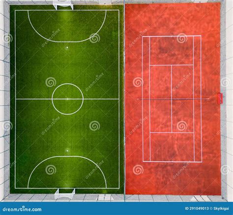 Aerial View Of A Soccer Field And A Tennis Court Spaces For Activity