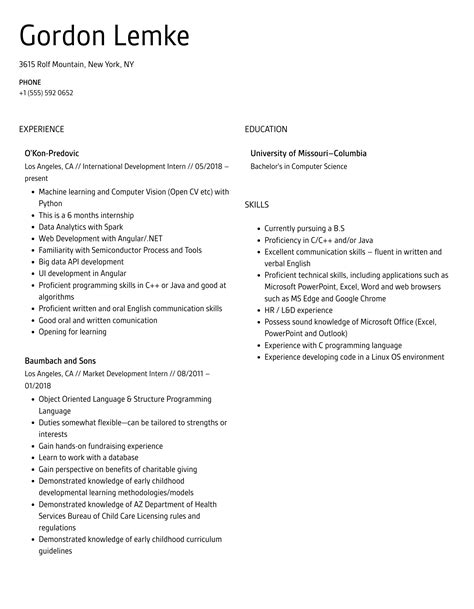 Development Intern Resume Samples Velvet Jobs