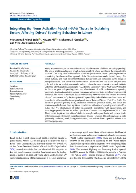 Pdf Integrating The Norm Activation Model Nam Theory In Explaining Factors Affecting Drivers