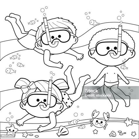 그룹 어린이 다이빙의 마스크는 바다에서 수영 도 서 페이지를 색칠 하는 흑인과 백인 색칠하기에 대한 스톡 벡터 아트 및 기타 이미지 색칠하기 아이 수중 Istock