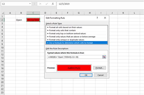 Excel Check If Date In Cell Todays Date By 30 Days And Another Cell Open Then Colour