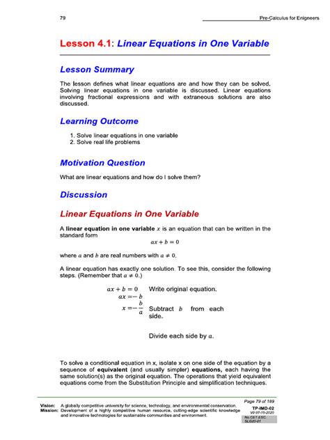 Lesson 41 Linear Equations In One Variable Pdf