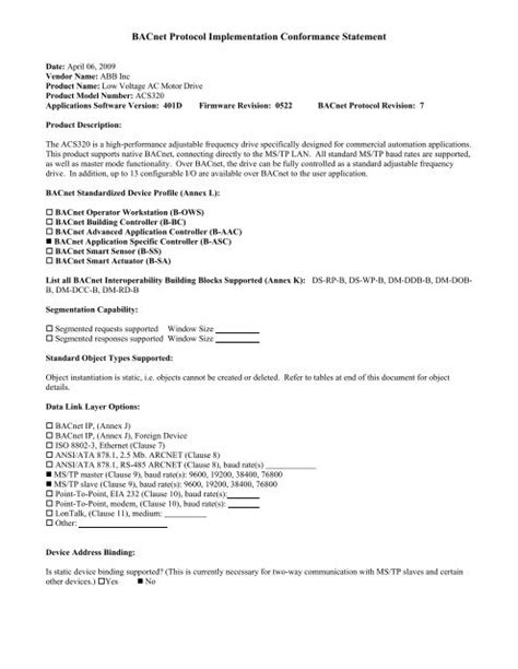 Bacnet Protocol Implementation Conformance Statement