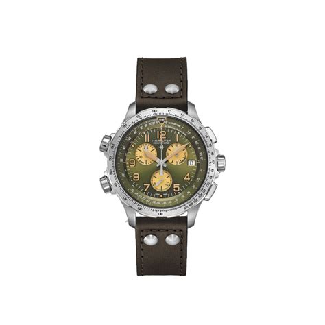 해밀턴 카키 에비에이션 엑스윈드 Gmt 크로노 쿼츠 46mm 소가죽 그린 Hamilton Kream