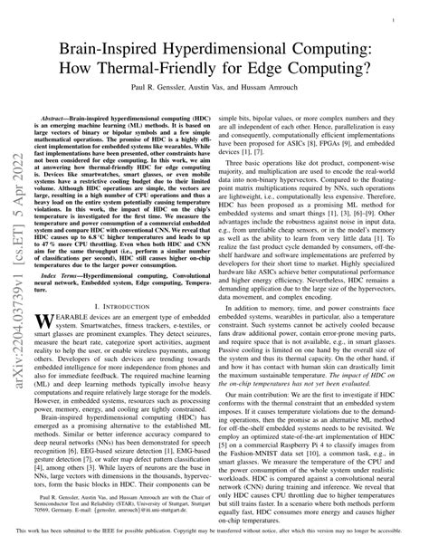 PDF Brain Inspired Hyperdimensional Computing How Thermal Friendly For Edge Computing