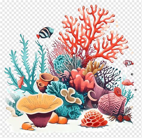 해양 생물이 있는 다양한 산호초 그림 손으로 그린 수중 생물 산호초 Png Pngwing
