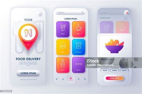 배달 음식 모바일 앱 신형성 스타일에 대한 배달 음식 독특한 신형태 디자인 키트 온라인 패스트 푸드 주문 화면 익스프레스 배달 서비스 Ui Ux 템플릿 세트 그래픽 사용자