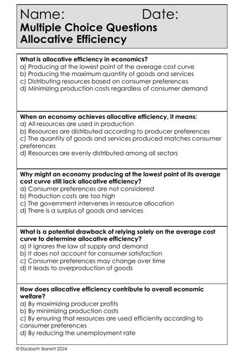 A Level Economics Question Worksheets Theme 3 4 Allocative Efficiency Teaching Resources