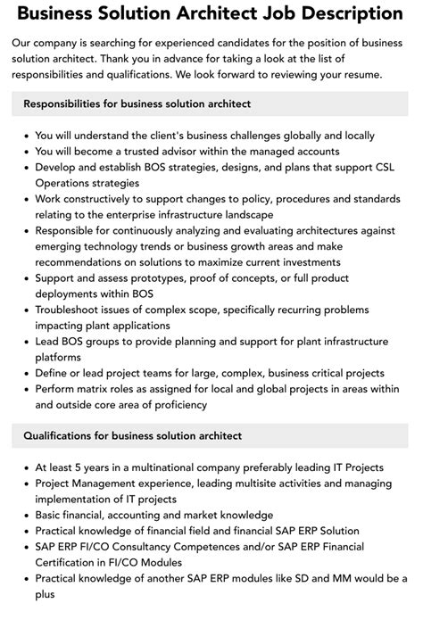 Business Solution Architect Job Description Velvet Jobs