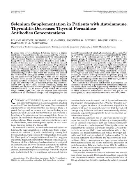 Pdf Selenium Supplementation In Patients With Autoimmune Thyroiditis Decreases Thyroid