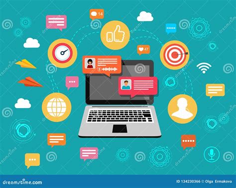 Online Chat Laptop With Chatting Bubble Notifications People Messaging On Internet Vector