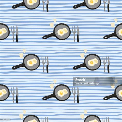 팬 장식에 낙서 오믈렛과 매끄러운 패턴 파란색 벗겨진 배경에 식기와 아침 식사 인쇄 건강한 생활방식에 대한 스톡 벡터 아트 및