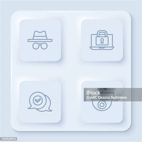 Set Line Incognito Mode Laptop And Lock Check Mark In Speech Bubble And Security Camera White