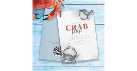 Watercolor Simple Blue Crab Feast Party Qr Code Invitation Zazzle