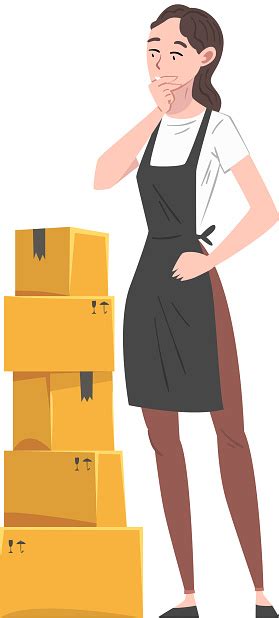 창고에서 골판지 상자 더미를 보고 사려 깊은 젊은 여자 파견 만화 벡터 일러스트에 대 한 상품을 준비 하는 여성 노동자 만화에