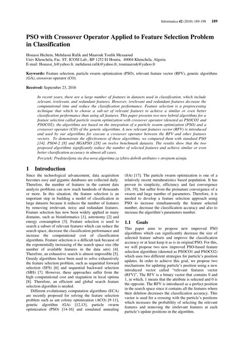 Pdf Pso With Crossover Operator Applied To Feature Selection Problem In Classification