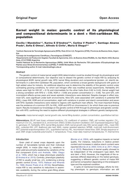 Pdf Kernel Weight In Maize Genetic Control Of Its Physiological And Compositional