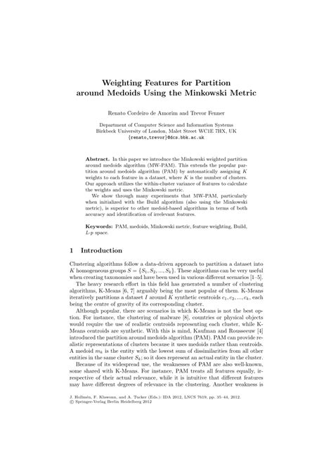 Pdf Weighting Features For Partition Around Medoids Using The