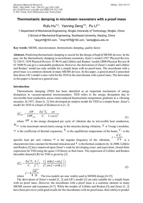 Thermoelastic Damping In Microbeam Resonators With A Proof Mass Scientific Net