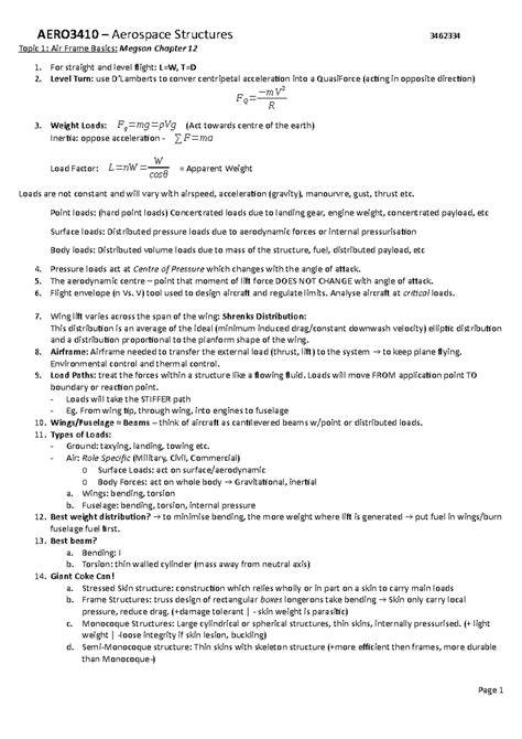 Aero3410 Final Exam Notes Aero3410 Aerospace Structures 3462334 Topic 1 Air Frame Basics