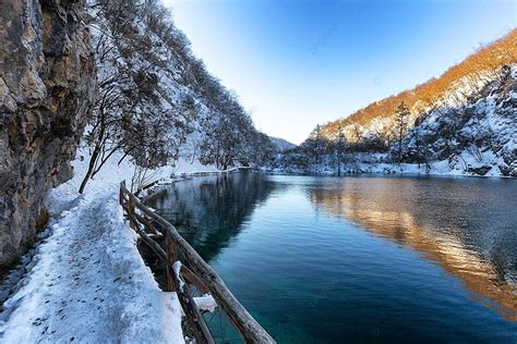 Plitvice Lakes At Winter With Beautiful Reflections Cold Snow Outdoor