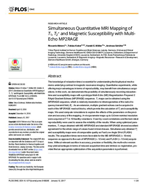Pdf Concurrent Mri Mapping Of T1 T2 And Susceptibility
