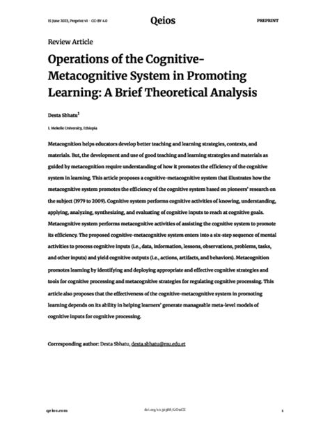 Pdf Operations Of The Cognitive Metacognitive System In Promoting