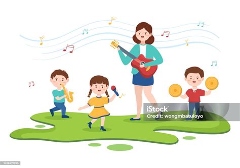 음악 학교 템플릿 손으로 그린 만화 플랫 일러스트 레이 션 다양한 악기 연주 학습 교육 음악가 및 가수 classical
