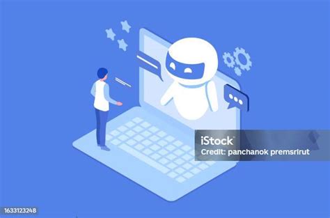 챗봇 기술 개념 로봇과 채팅하고 질문하고 답변을 받는 커플 Ai 어시스턴트 지원 벡터 일러스트레이션 생성형 인공지능에 대한 스톡