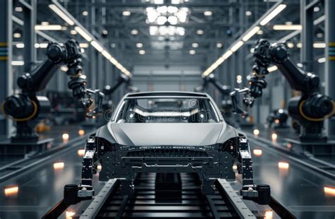 Robotic Arms Assembling A Car Frame In A Modern Automotive Factory