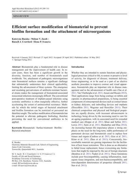 Pdf Efficient Surface Modification Of Biomaterial To Prevent Biofilm