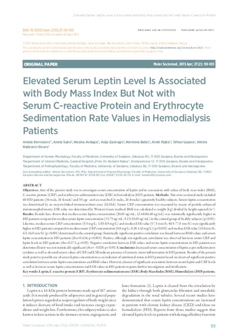 Pdf Elevated Serum Leptin Level Is Associated With Body Mass Index But Not With Serum C