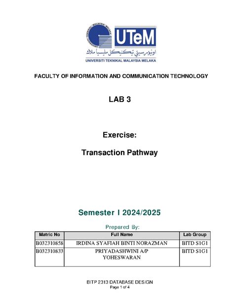 Lab 3 Dd Database Design Bitp2313 Bitp 2313 Database Design Faculty Of Information And