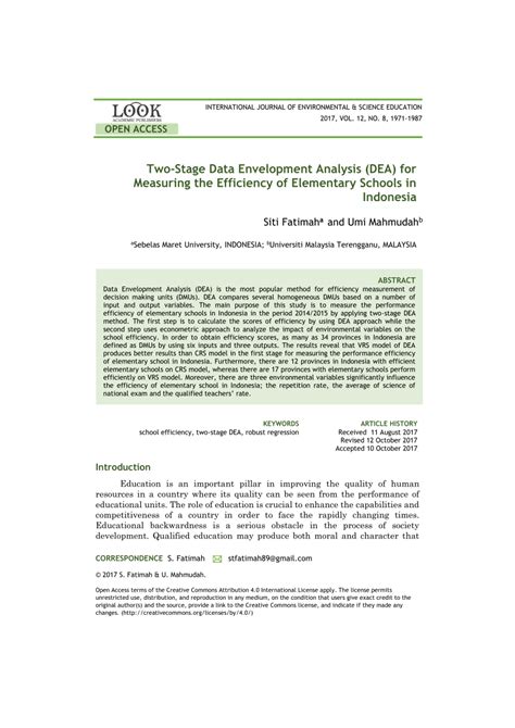 Pdf Two Stage Data Envelopment Analysis Dea For Measuring The Efficiency Of Elementary