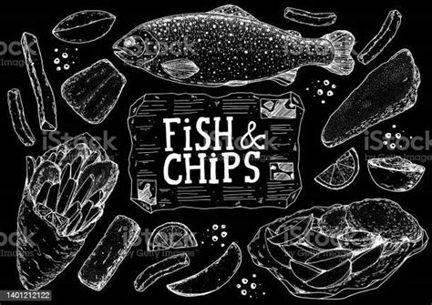 피시 앤 칩스 스케치 벡터 일러스트레이션 영국 술집 음식 손으로 그린 스케치 생선과 칩을 요리 손으로 그린 빈티지 이미지 메뉴 디자인 템플릿입니다 감자 칩에 대한 스톡 벡터