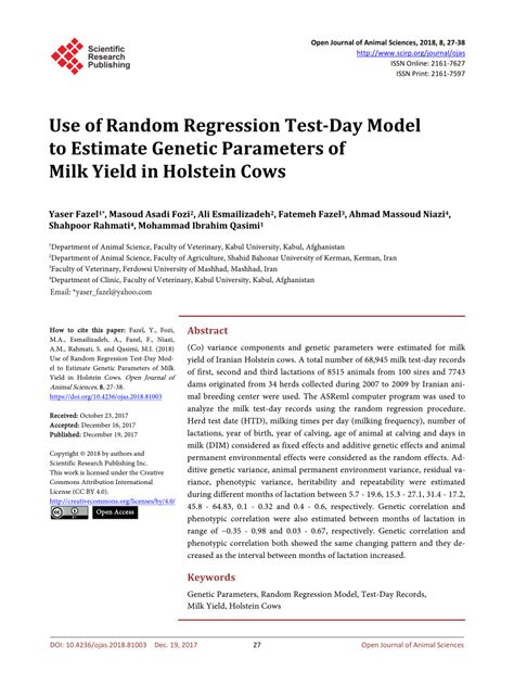 Pdf Use Of Random Regression Test Day Model To Estimate Genetic Parameters Of Milk Yield In