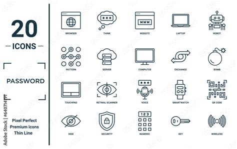 Password Linear Icon Set Includes Thin Line Browser Pattern Touchpad Hide Wireless