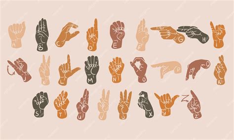 미국 수화 알파벳 Asl 수화 철자의 26자 청각 장애인 문화 제스처 프리미엄 벡터