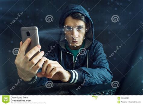Hacker Is Trying To Hack Into The Phone Using The Personal Identification Method Of Face