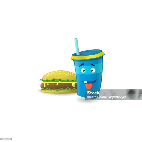 그 한 치아와 햄버거와 함께 혀를 보여주는 블루 만화 종이의 그림 빨 대 컵 건강에 좋지 않은 음식에 대한 스톡 벡터 아트 및 기타 이미지 건강에 좋지 않은 음식