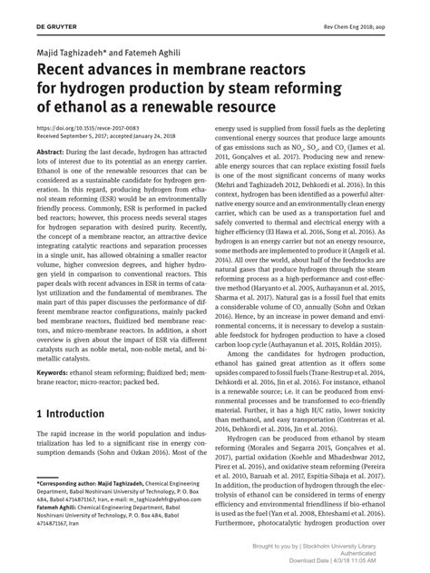 Pdf Recent Advances In Membrane Reactors For Hydrogen Production By Steam Reforming Of Ethanol