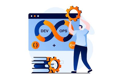 플랫 만화 디자인의 사람 장면이 포함된 Devops 개념 Man은 프로세스를 생성하는 소프트웨어를 최적화하여 회사의 개발 작업 관행을 구현합니다 웹용 벡터 일러스트레이션